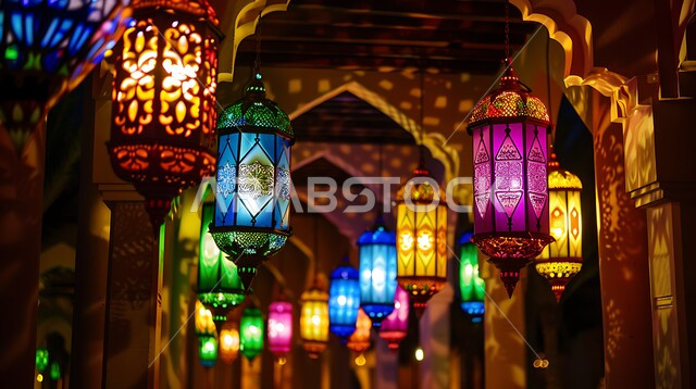 A mosque corridor with an ancient Arabic style and columns decorated ...