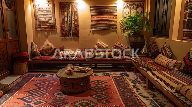 Traditional Arabic diwan with comfortable cushions and low tables, set ...