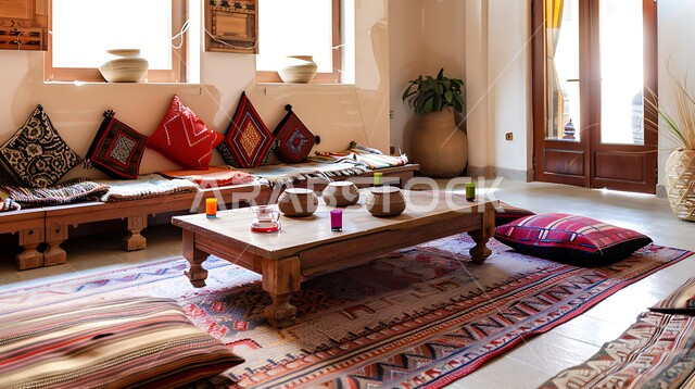 Traditional Arabic diwan with comfortable cushions and low tables, set ...