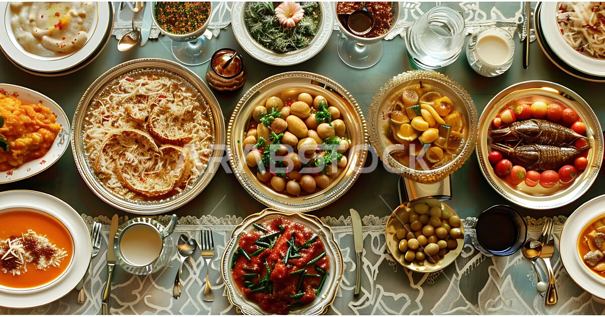 A dining table full of various Ramadan meals, delicious oriental Arabic ...