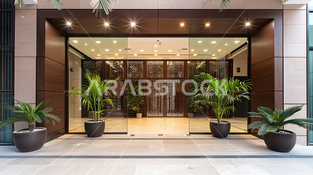 Modern architectural design of buildings, entrance to a luxury building ...
