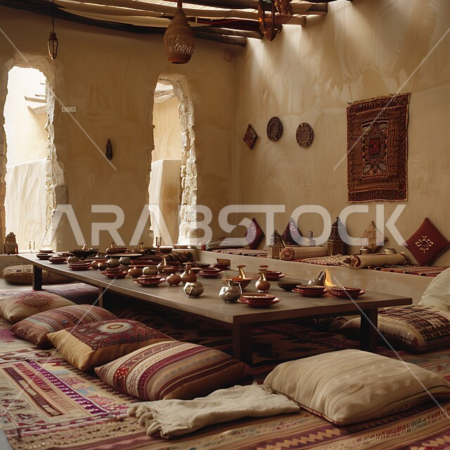 Old heritage style architectural art, Arabic diwan with comfortable ...