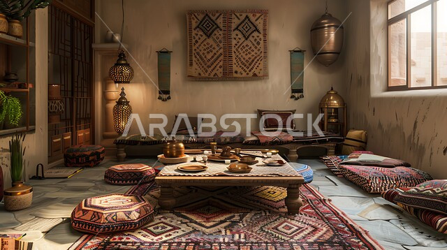 Old heritage style architectural art, Arabic diwan with comfortable ...
