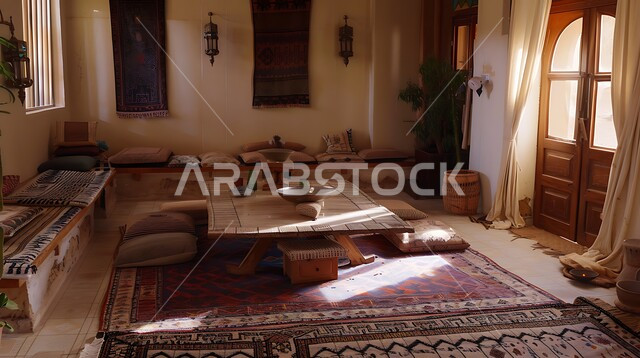 An Arabic diwan with comfortable cushions and low tables, old heritage ...