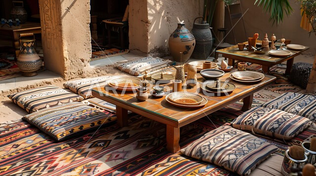 An Arabic diwan with comfortable cushions and low tables, old heritage ...