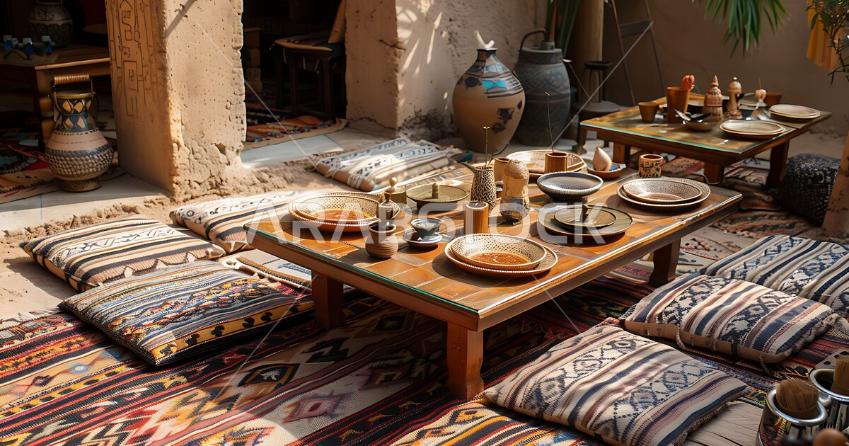 An Arabic diwan with comfortable cushions and low tables, old heritage ...