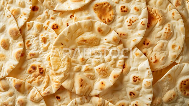 Bread spread in the popular oven, traditional Arabic bread loaves (pita ...