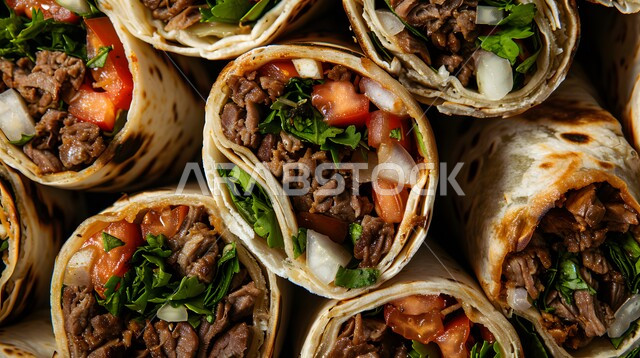 Oriental Arabic cuisine, close-up of a meat shawarma sandwich with ...