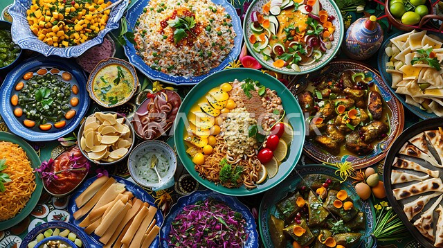 The cheerful colors of the rich variety of foods, a dining table full ...