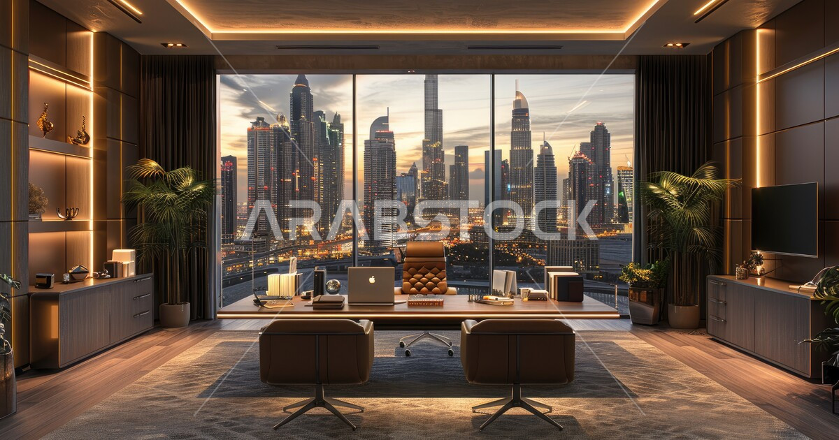 مكتب عمل بواجهه زجاجية كبيرة، تصميم عصري حديث لمكاتب الشركات السعودية ...