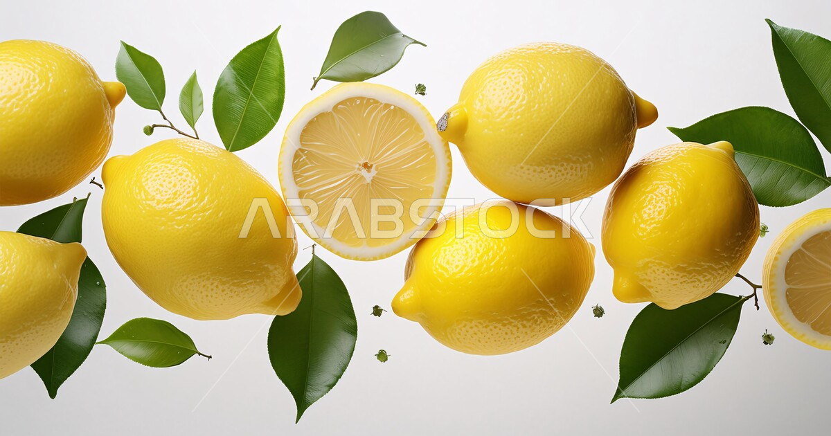 Delicious lemons, fruit rich in vitamins, citrus with fresh green ...