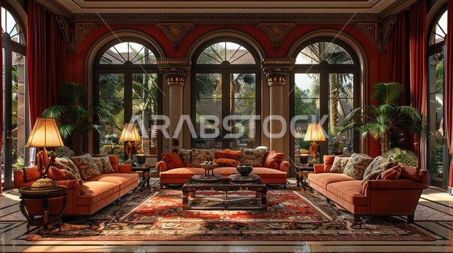 Traditional Arabic majlis and living room with home furniture, glass ...