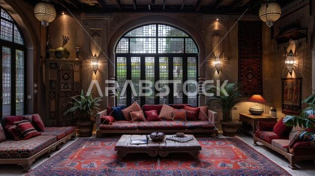 Traditional Arabic majlis and living room with home furniture, glass ...