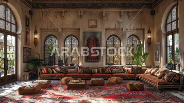 Traditional Arabic majlis and living room with home furniture, glass ...