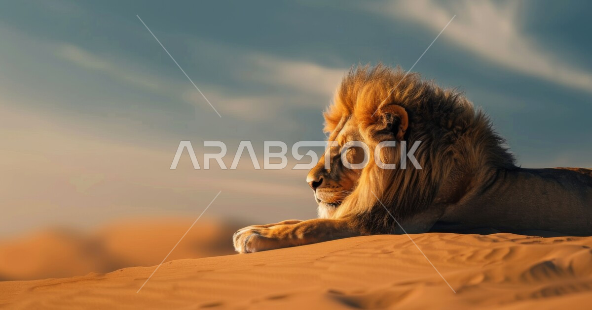 Soft golden sand and dunes, lion lying on the ground in the deserts of ...