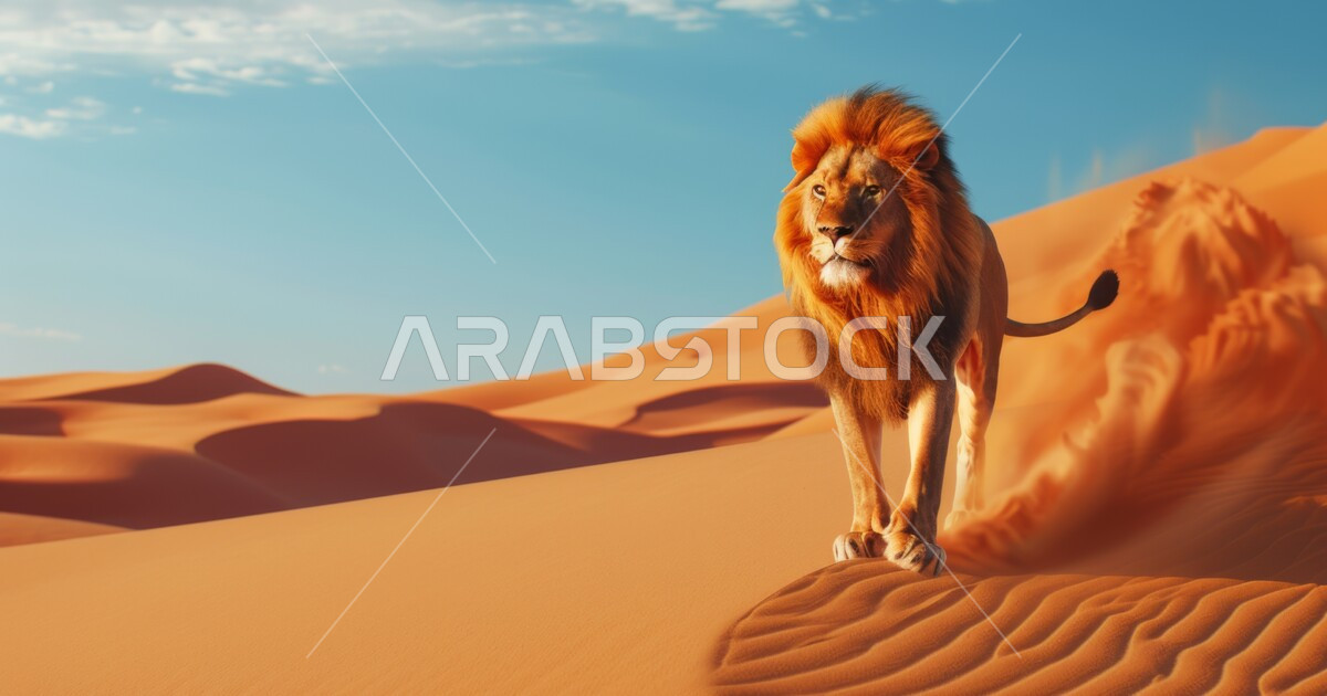 Wildlife in desert areas, sand dunes and soft golden sand, lion lying ...