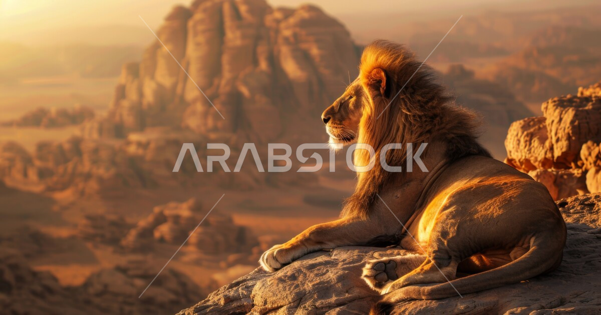 Sand dunes and soft golden sand, rock formations and formations, a lion ...