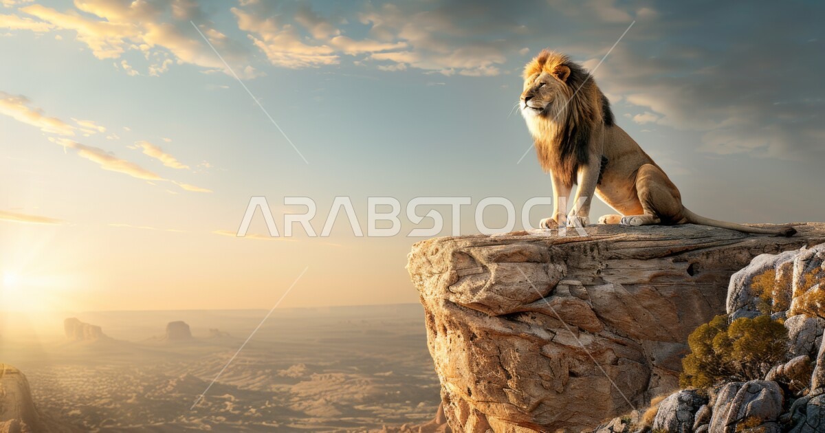 Rock formations and formations, a lion sitting on a rock in the deserts ...