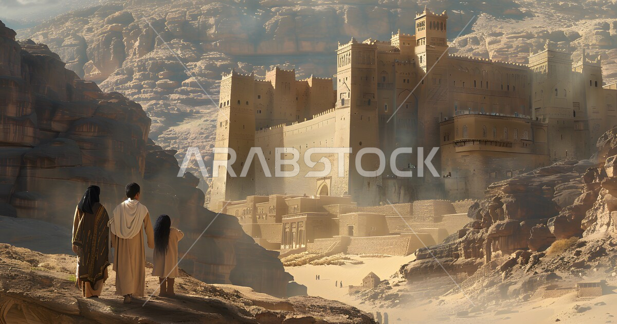 Visiting archaeological natural sites, a picture from behind of a Saudi ...
