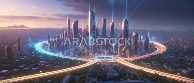 An imaginative future view of urban progress and growth, modern ...