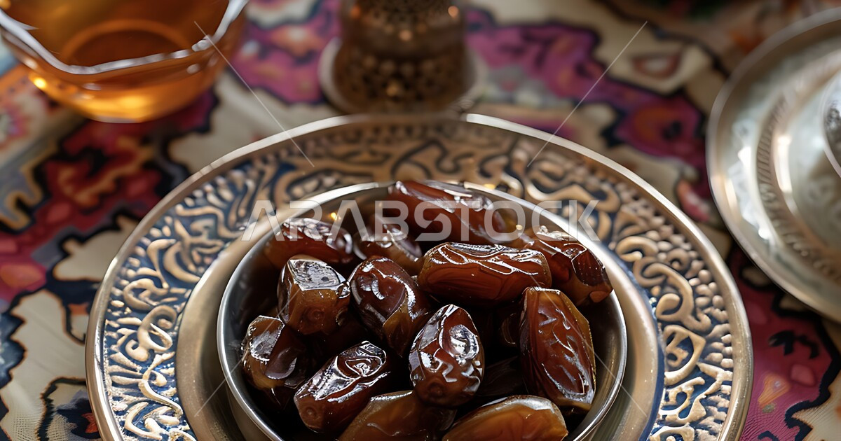 A group of dates next to a dal of Saudi honey on a traditional table ...