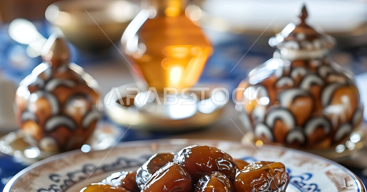 A group of dates next to a dal of Saudi honey on a traditional table ...