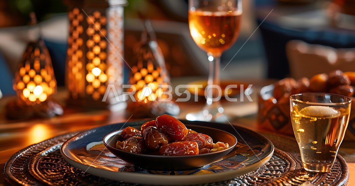 A group of dates next to a dal of Saudi honey on a traditional table ...