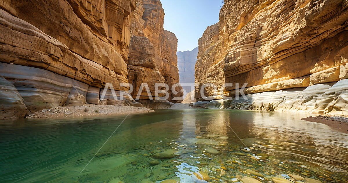 Wadi Lajab in Jabal Al-Qahr in the city of Jazan, blue water and bodies ...