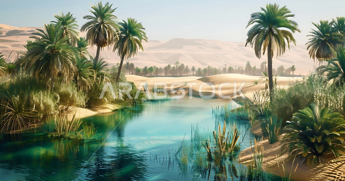 الهضاب والتلال والكثبان الرملية الناعمة في الصحراء, واحات ومزارع أشجار ...