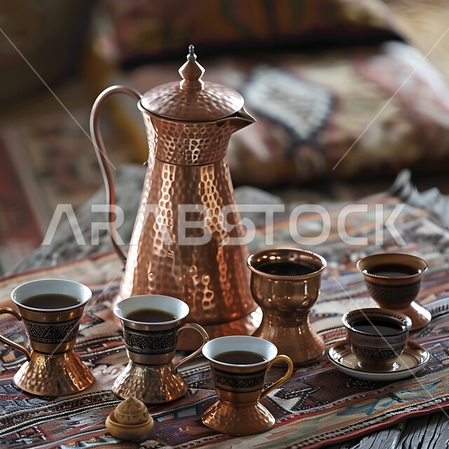 Arabesque engravings on a copper pot with several cups, luxurious Gulf ...