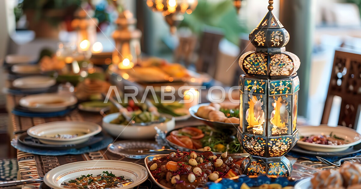 A Ramadan table decorated with illuminated lanterns, rituals and ...