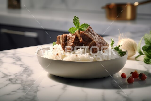 Popular Saudi cuisine foods, a plate of kabsa rice with spices ...