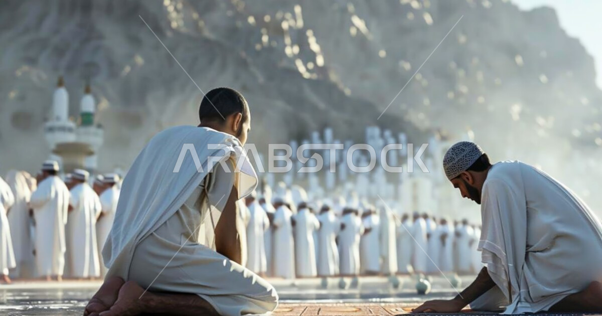 Prayer, reverence, and closeness to God Almighty, two Muslim pilgrims ...