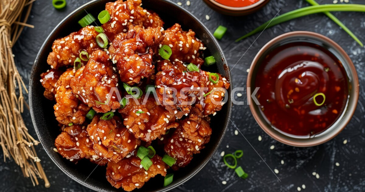 A dish of chicken pieces and crispy french fries, delicious broasted ...
