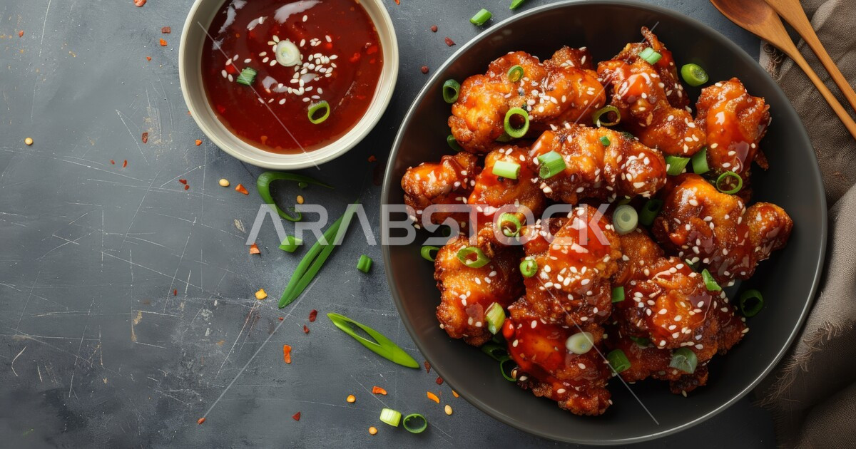 A dish of chicken pieces and crispy french fries, delicious broasted ...