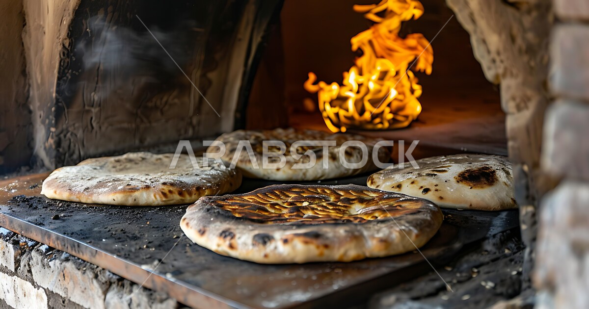 A traditional tandoor oven with flat, round loaves in front of it, the ...