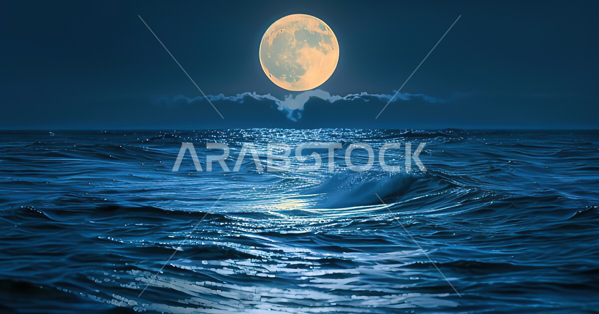 قضاء أوقات ممتعه في التنزه على السواحل، القمر المكتمل في السماء فوق ...