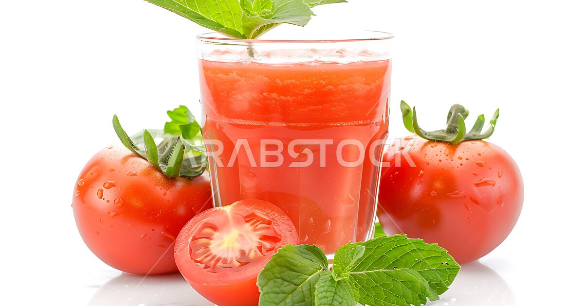 كأس من عصير الطماطم الطازج المزين بأوراق النعناع الخضراء, عصائر ...