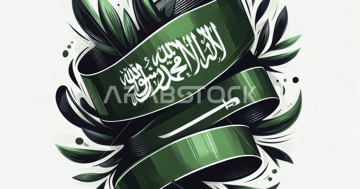 Flag of the Kingdom of Saudi Arabia surrounded by tree leaves, love of ...