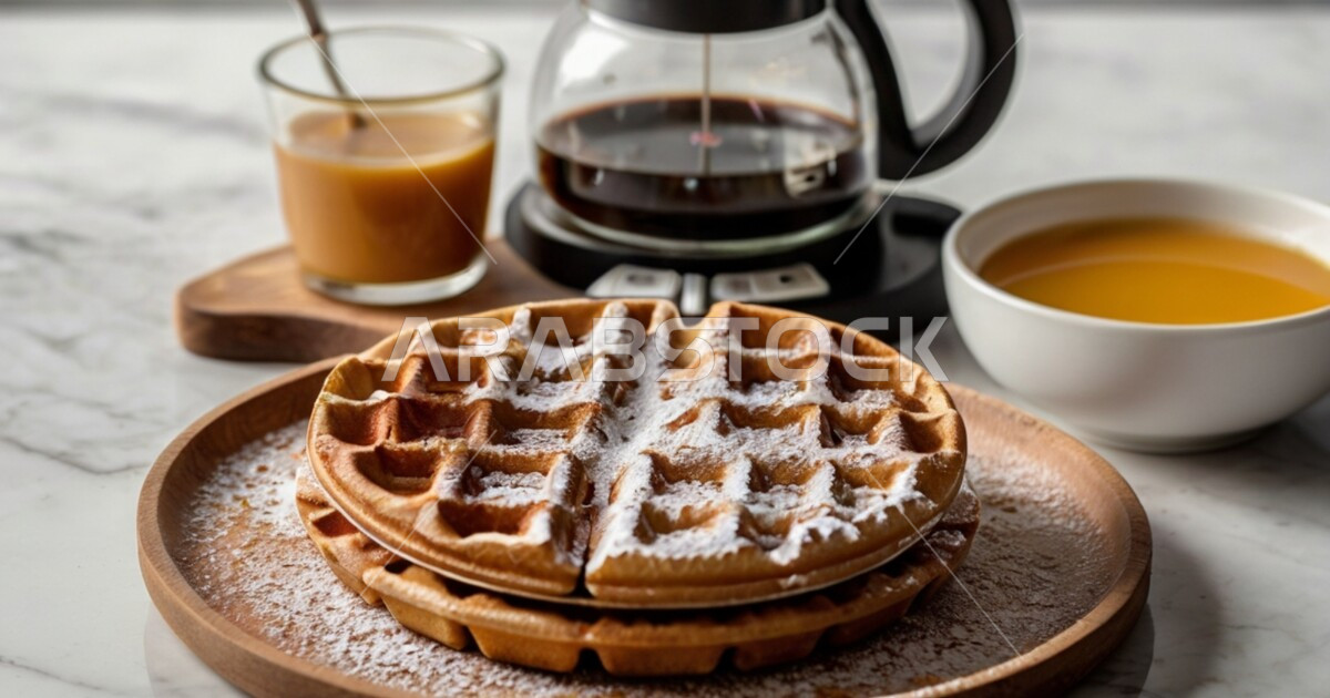 Morning breakfast, a plate of waffles decorated with melted chocolate ...