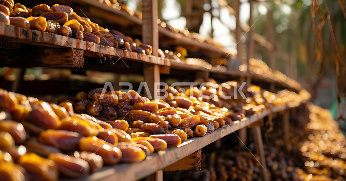 Drying dates in the open air, the harvest season in Saudi Arabia, boxes ...