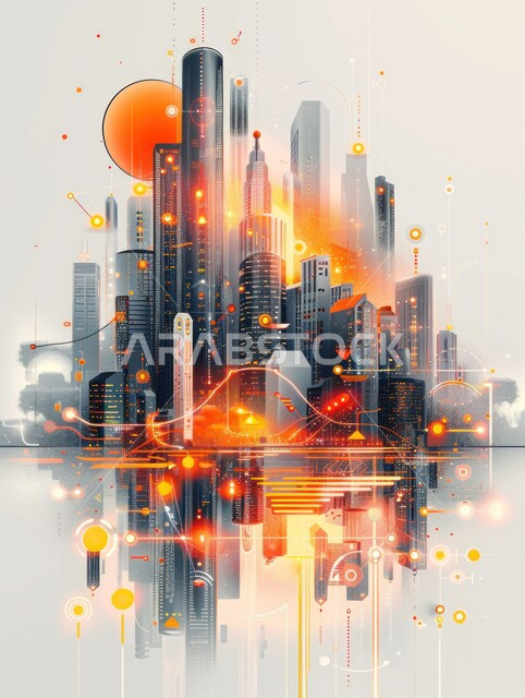 An imaginative future view of urban progress and growth, modern architectural arts and ...