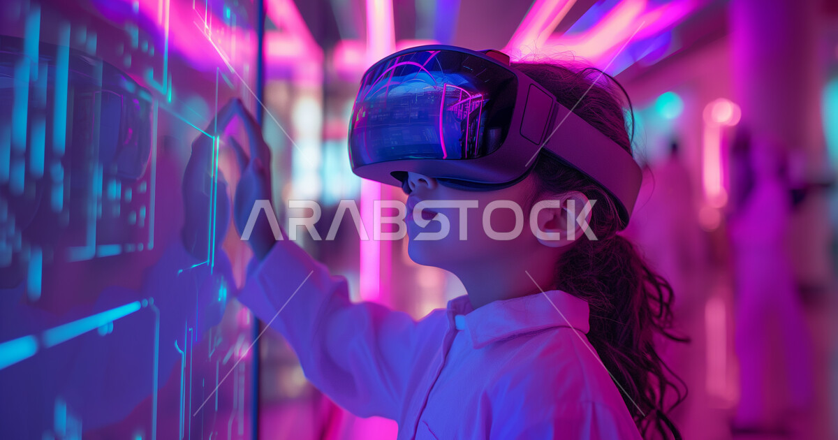 Using modern devices and technology, a close-up image of a Saudi Gulf Arab girl wearing 3D VR ...