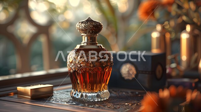 A glass container of original Saudi musk oil, a box of luxurious ...