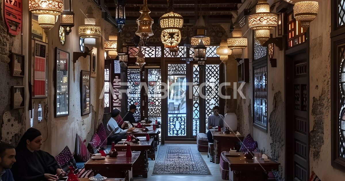 Traditional interior design of an Arabic cafe in Saudi Arabia, ornate ...