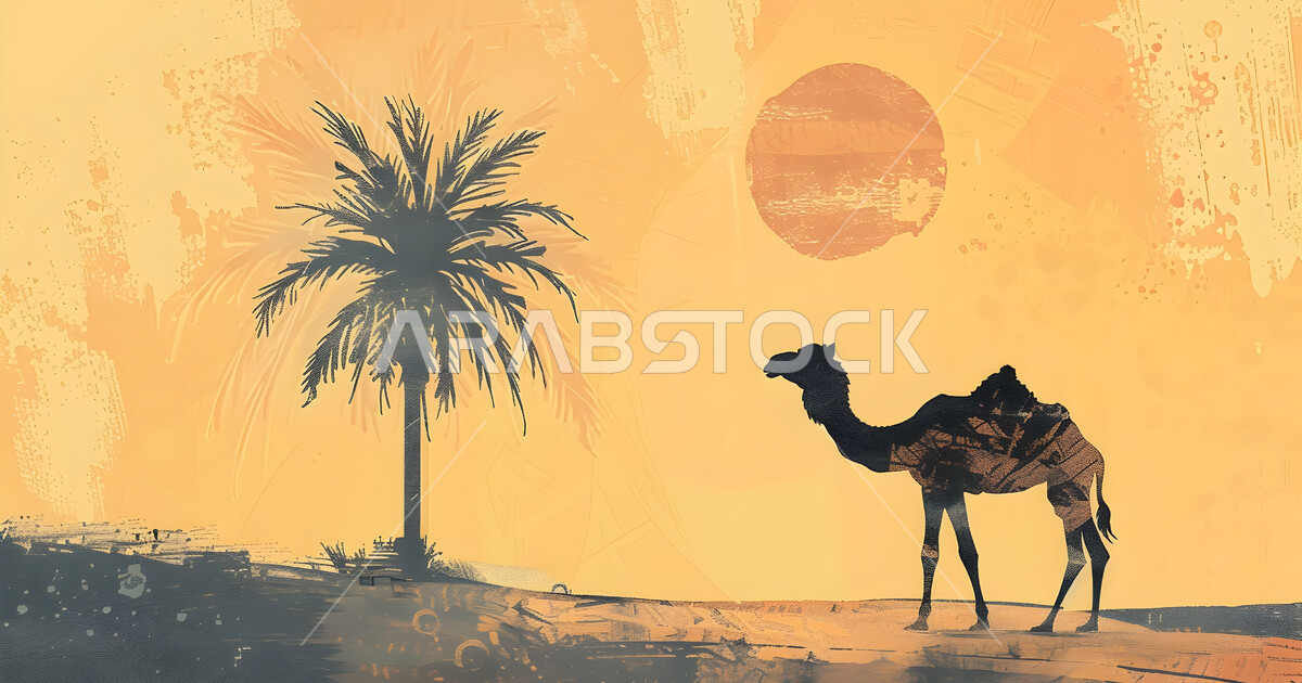 A camel standing on the shiny golden sand, a purebred blonde Arabian ...
