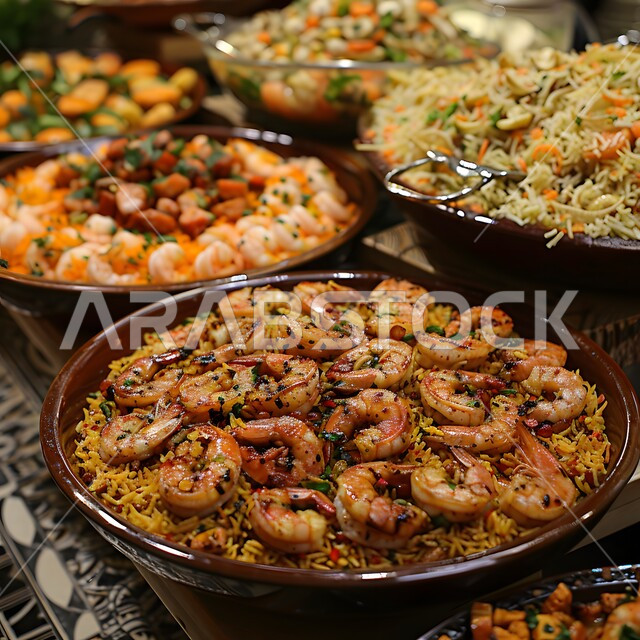 Delicious oriental Arabic appetizers, dishes and dishes, a dining table ...