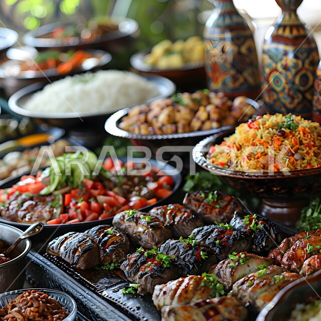 Delicious oriental Arabic appetizers, dishes and dishes, a dining table ...
