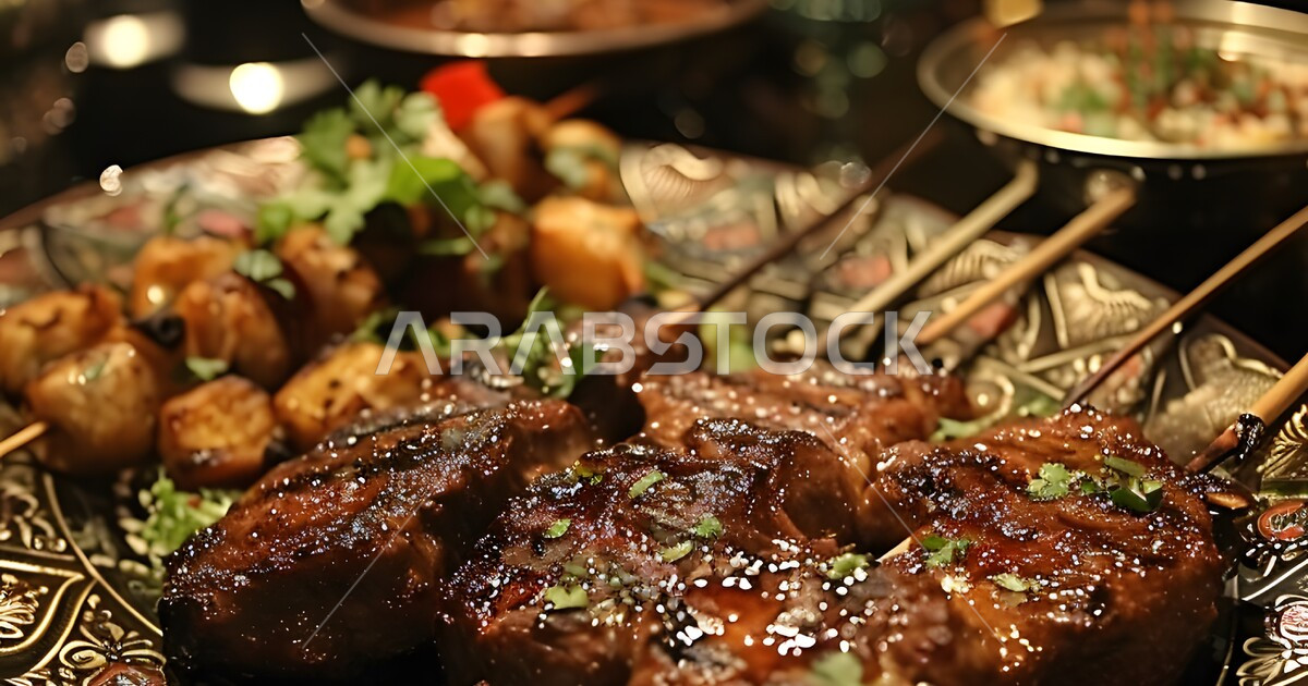 Delicious oriental Arabic appetizers, dishes and dishes, a dining table ...