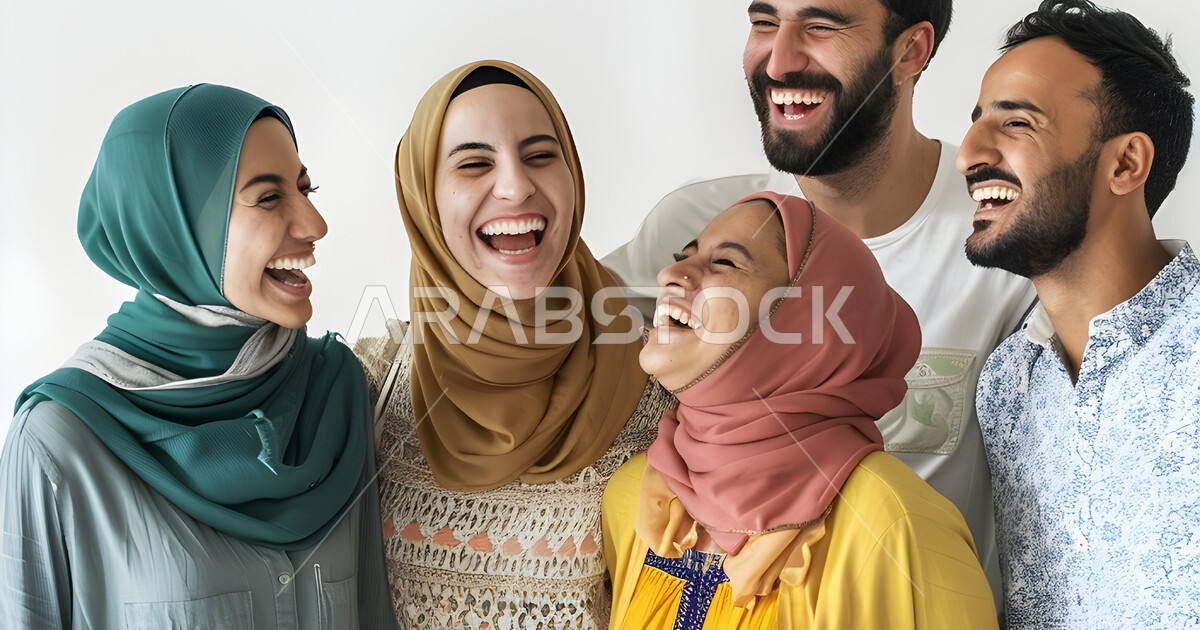 Showing feelings of joy and happiness, a portrait of a Saudi Gulf Arab ...